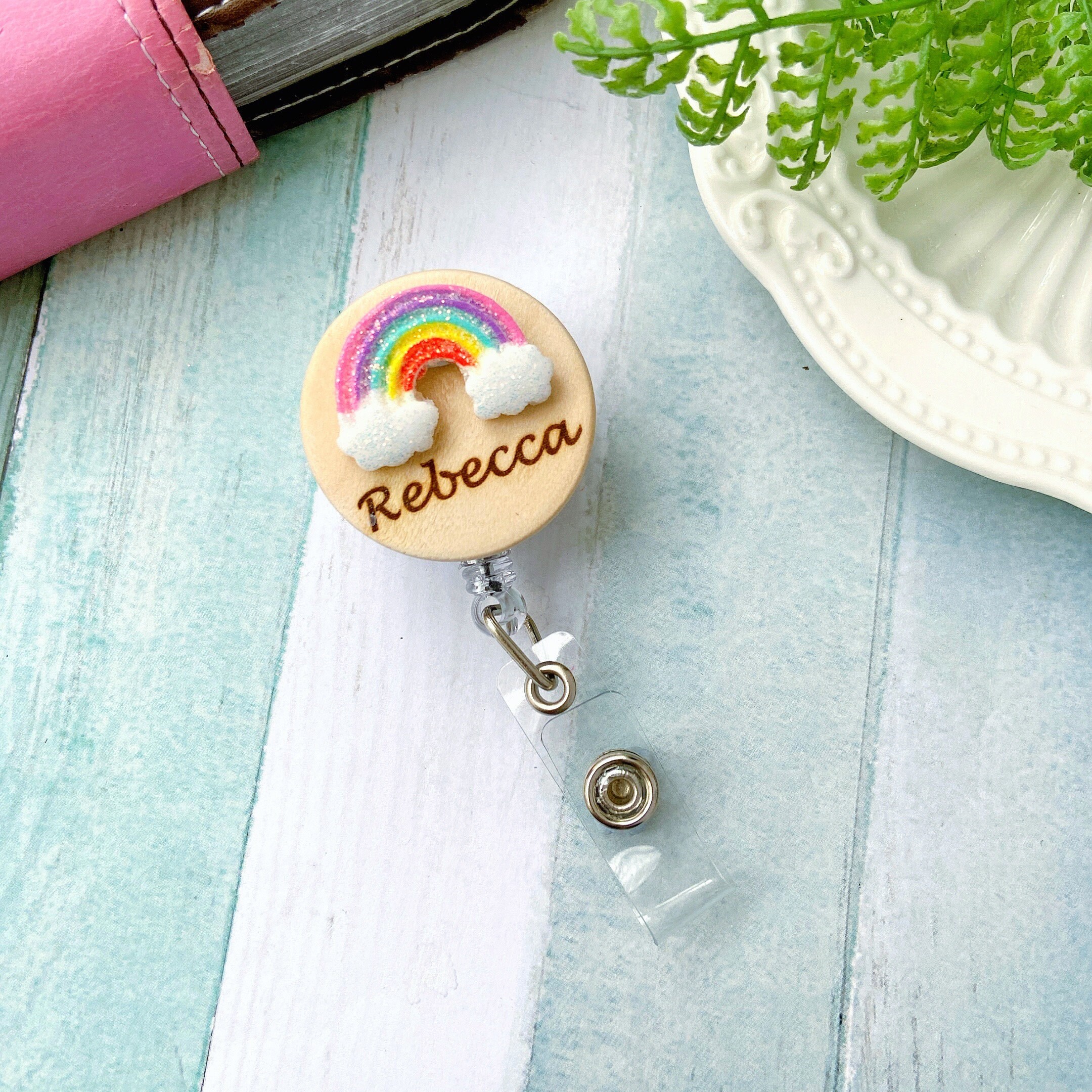Personalized Rainbow Badge Reel, Custom Name Wooden ID Holder, Teacher ...