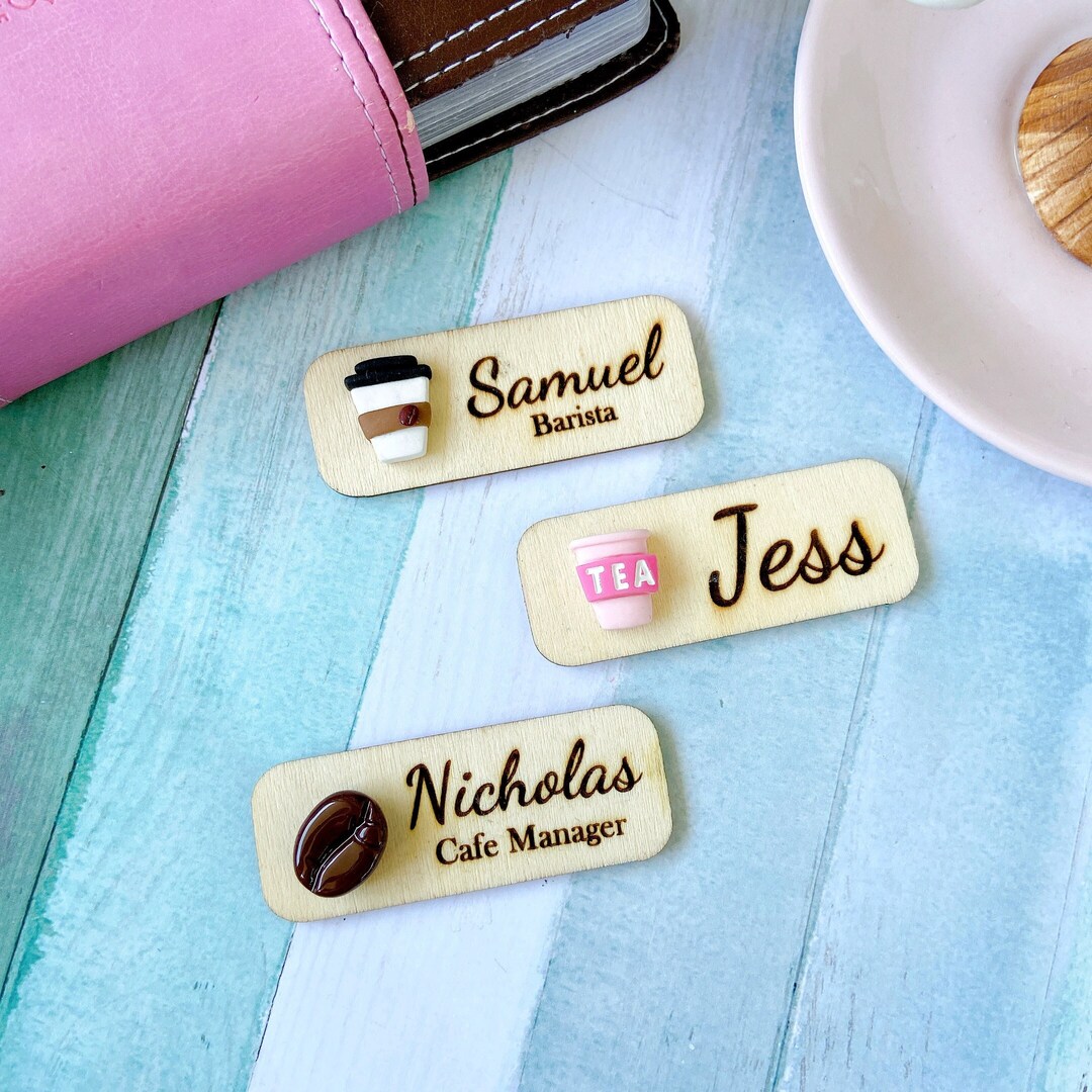 Personalized 3D Cafe Wooden Name Tag Badge With Magnetic Backing or Pin ...
