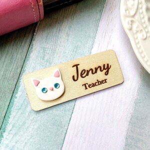 Handmade 3D Cat Head Personalized Wooden Name Tag Badge With Magnetic ...