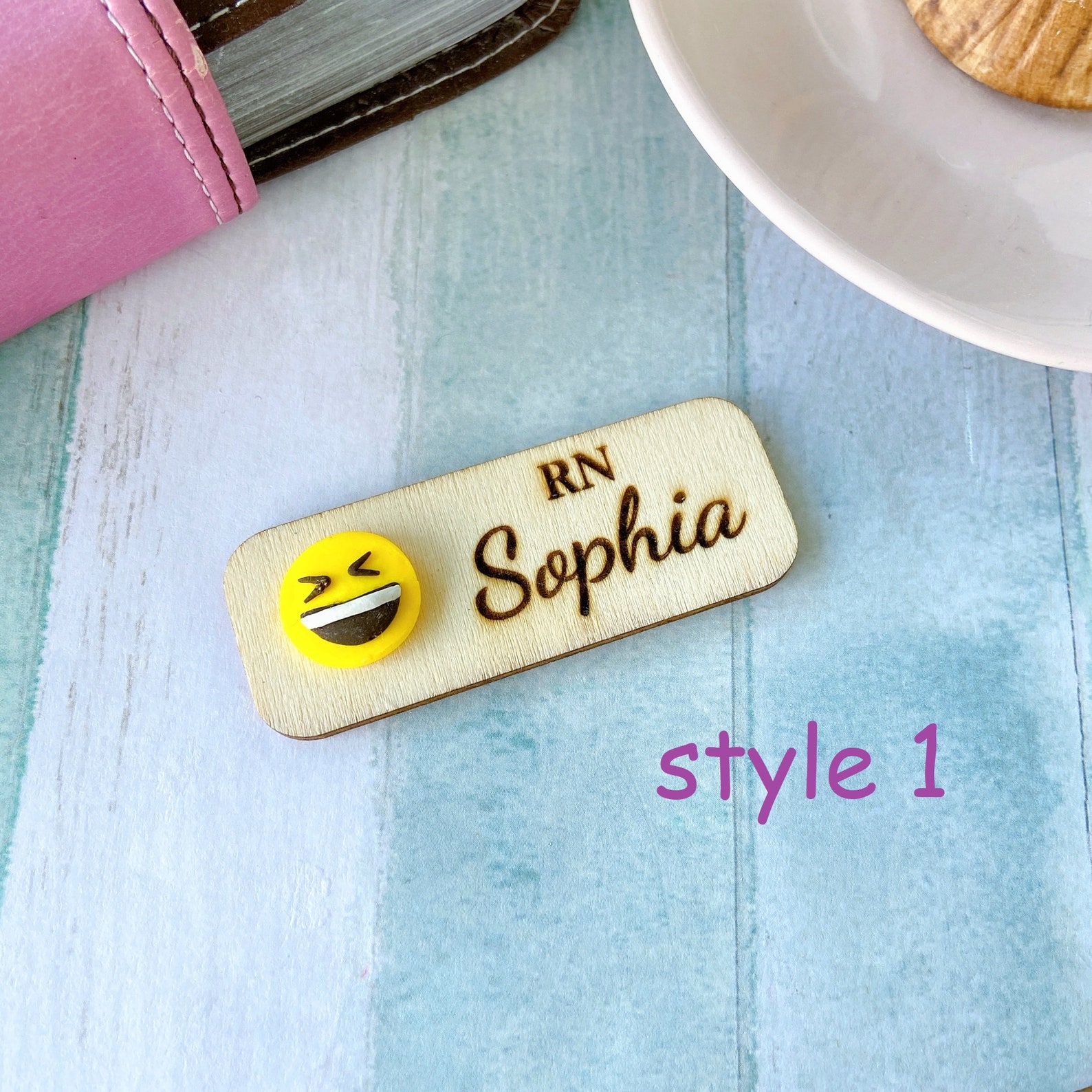 Personalized Wooden Name Tag With Emoji, Custom Engraved Employee Badge ...