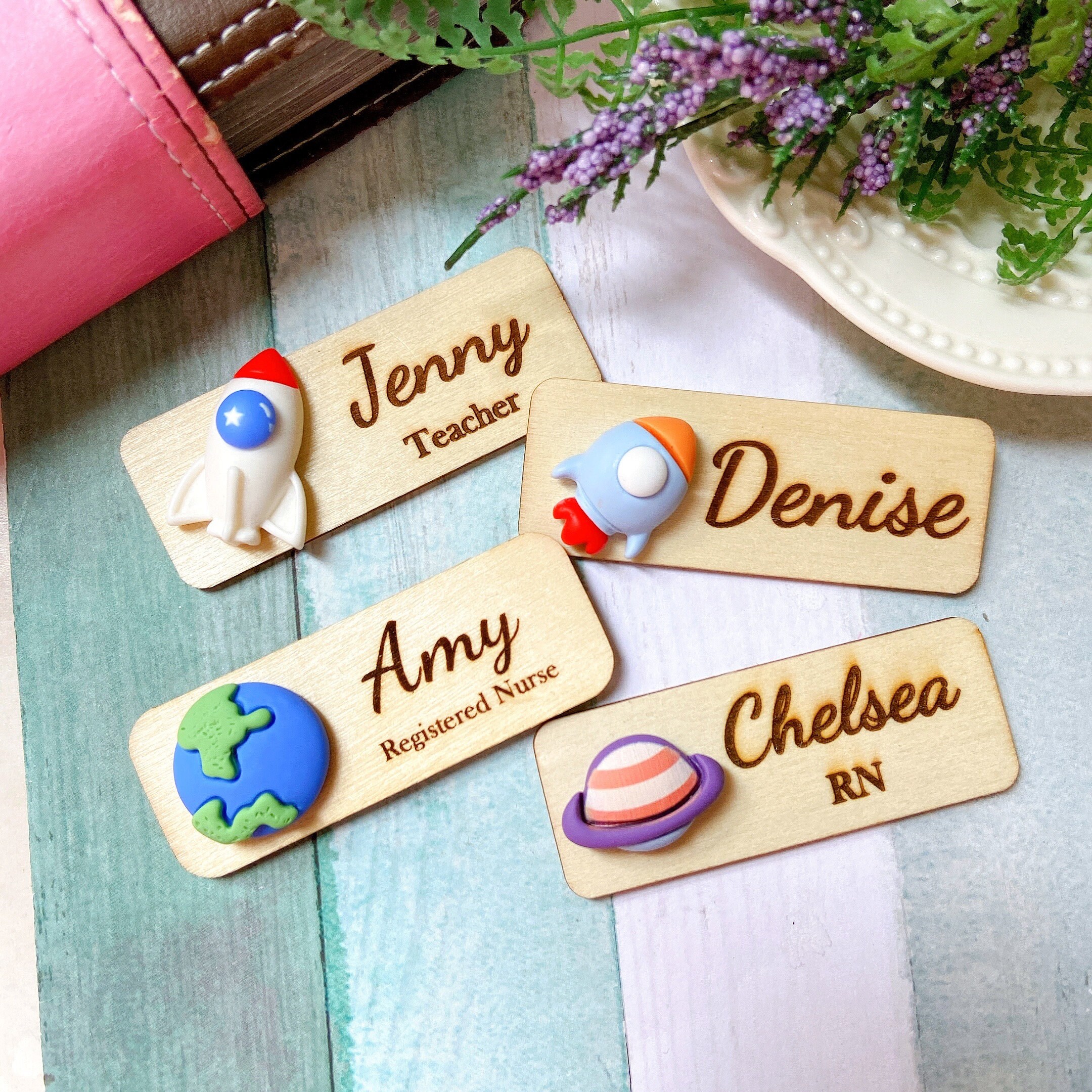 Personalized Wooden Name Tag With 3D Planet, Rocket, Saturn - Teacher ...