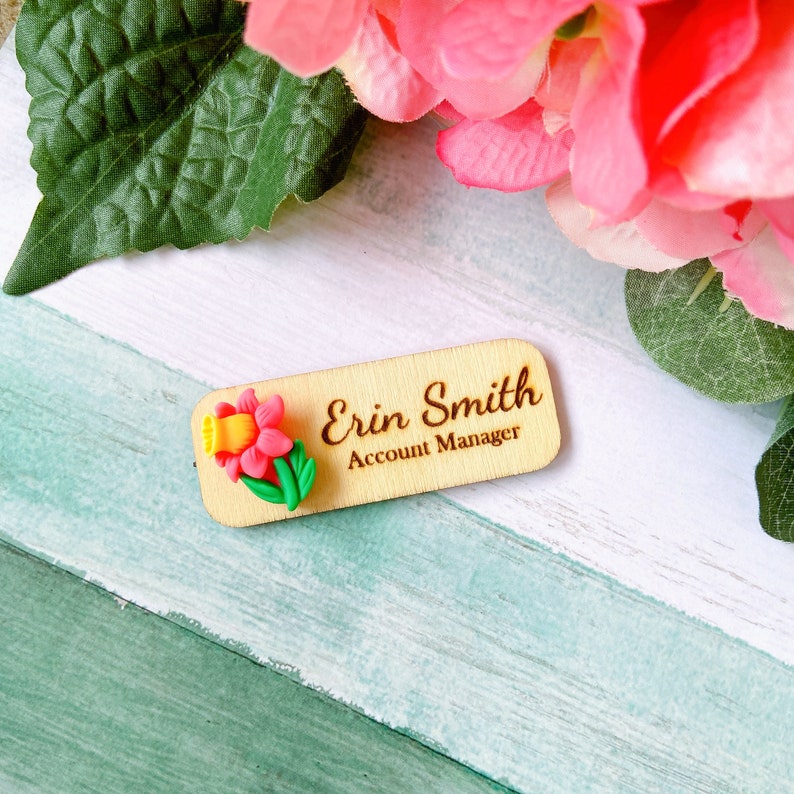 Personalized 3D Floral Wooden Name Tag Badge With Magnetic Backing or ...