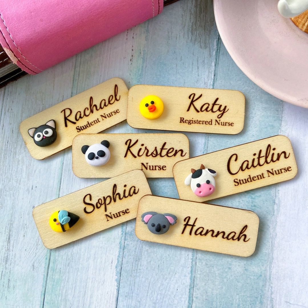Personalized Nurse Name Badge, Wooden Animal Tag, Custom Engraved ID ...