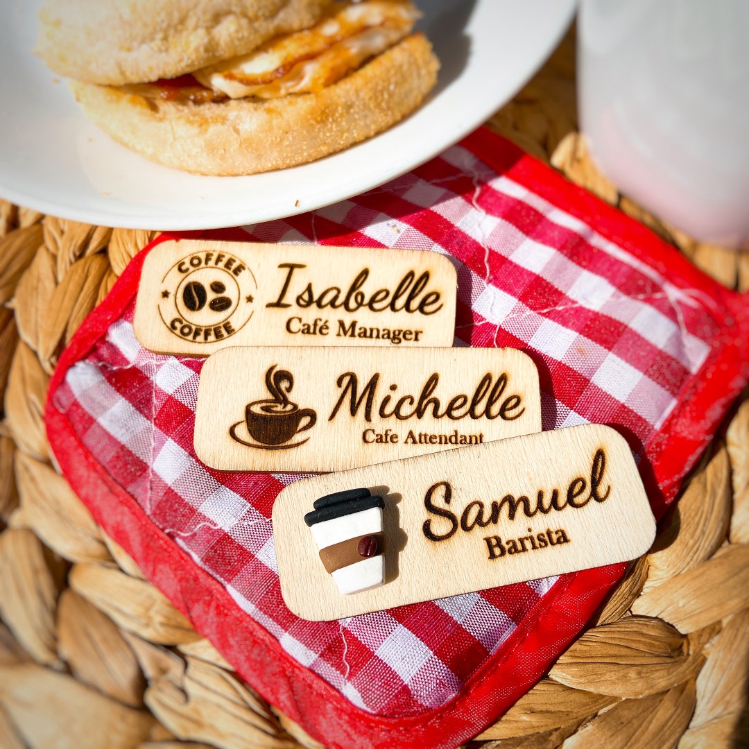 Handmade 3D Cafe Personalized Wooden Name Tag Badge With Magnetic ...