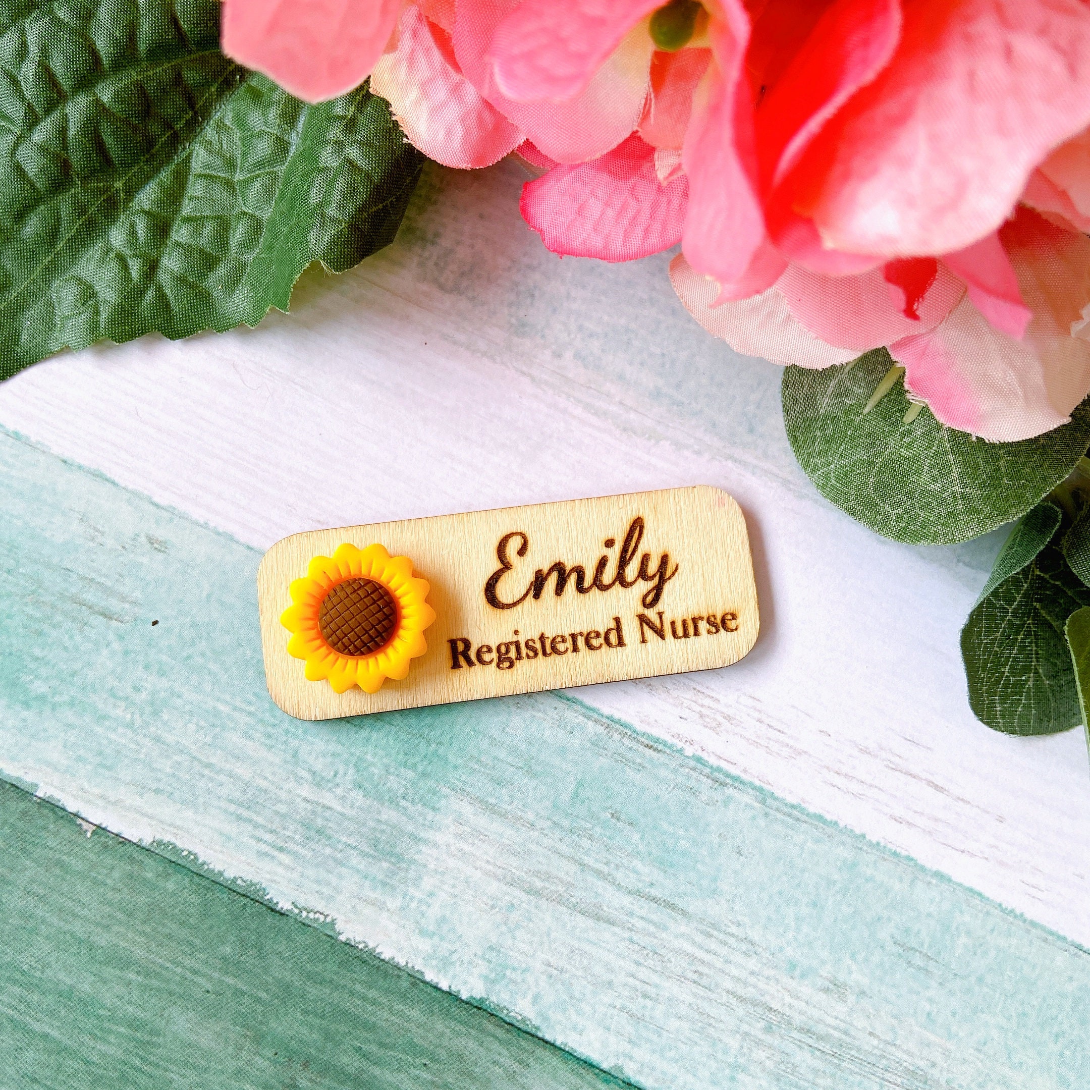 Personalized 3D Floral Wooden Name Tag Badge With Magnetic Backing or ...