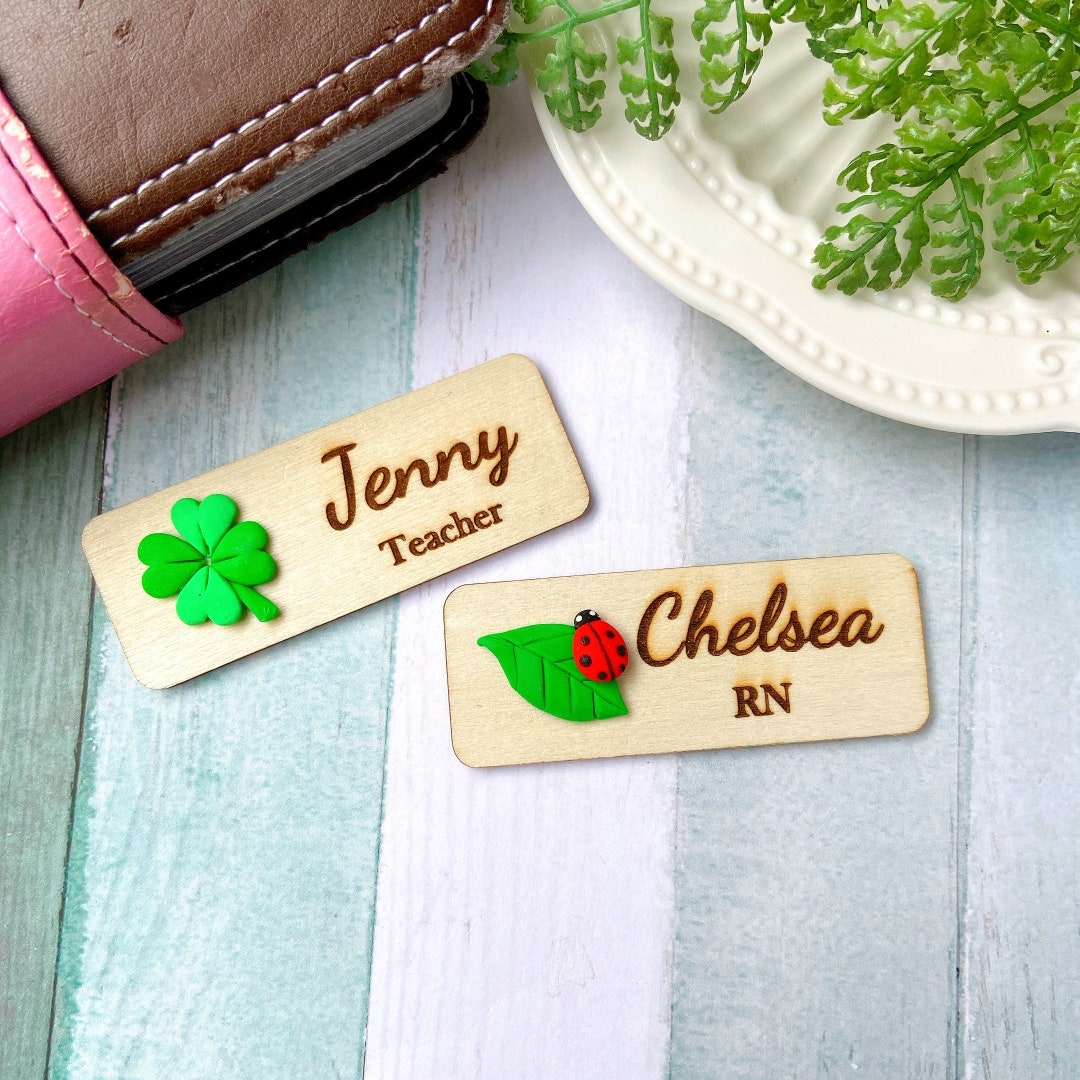 Clover Leaf and Ladybug Personalized 3D Wooden Name Tag Badge With ...