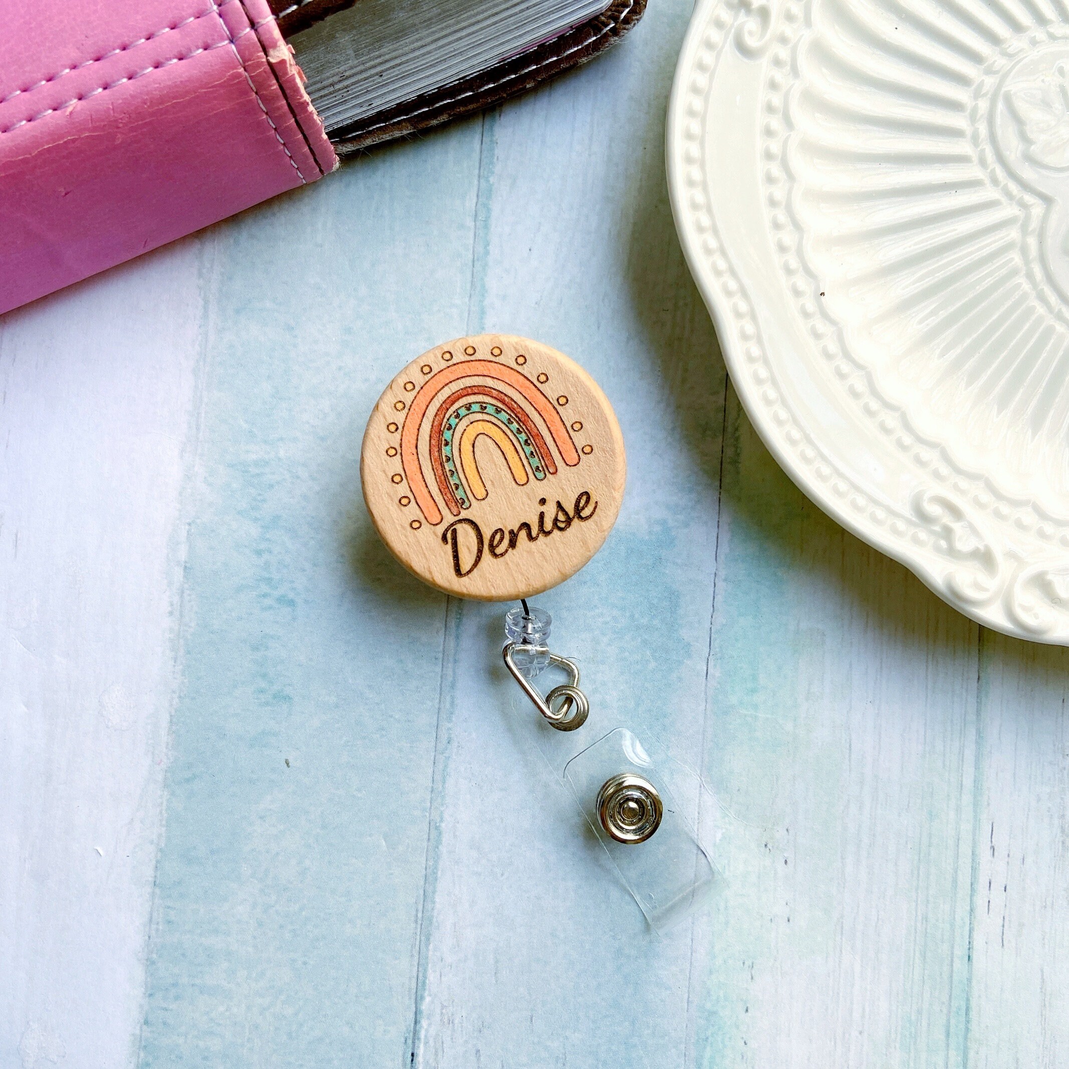 Boho Rainbow Handmade Personalized Printed Name Badge Reel, Boho ...