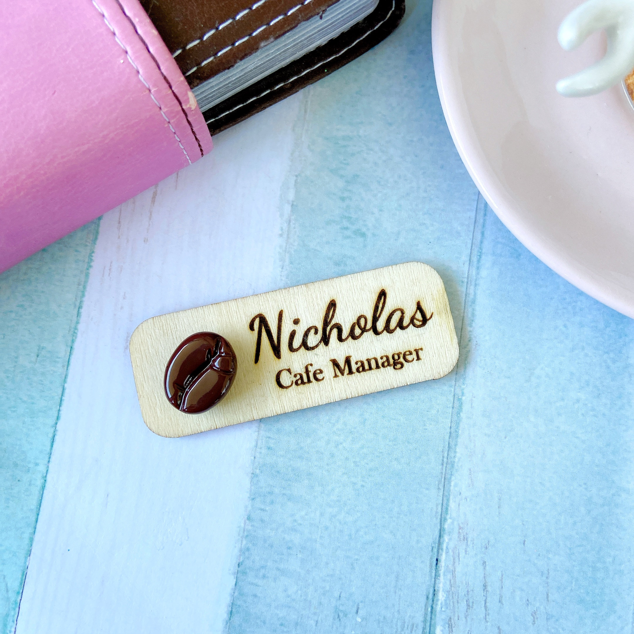 Personalized Wooden Name Tag With 3D Charm, Custom Engraved Employee ...