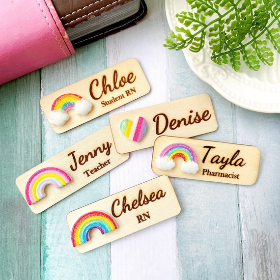 Personalized 3D Rainbow Wooden Name Tag Badge With Magnetic - Etsy
