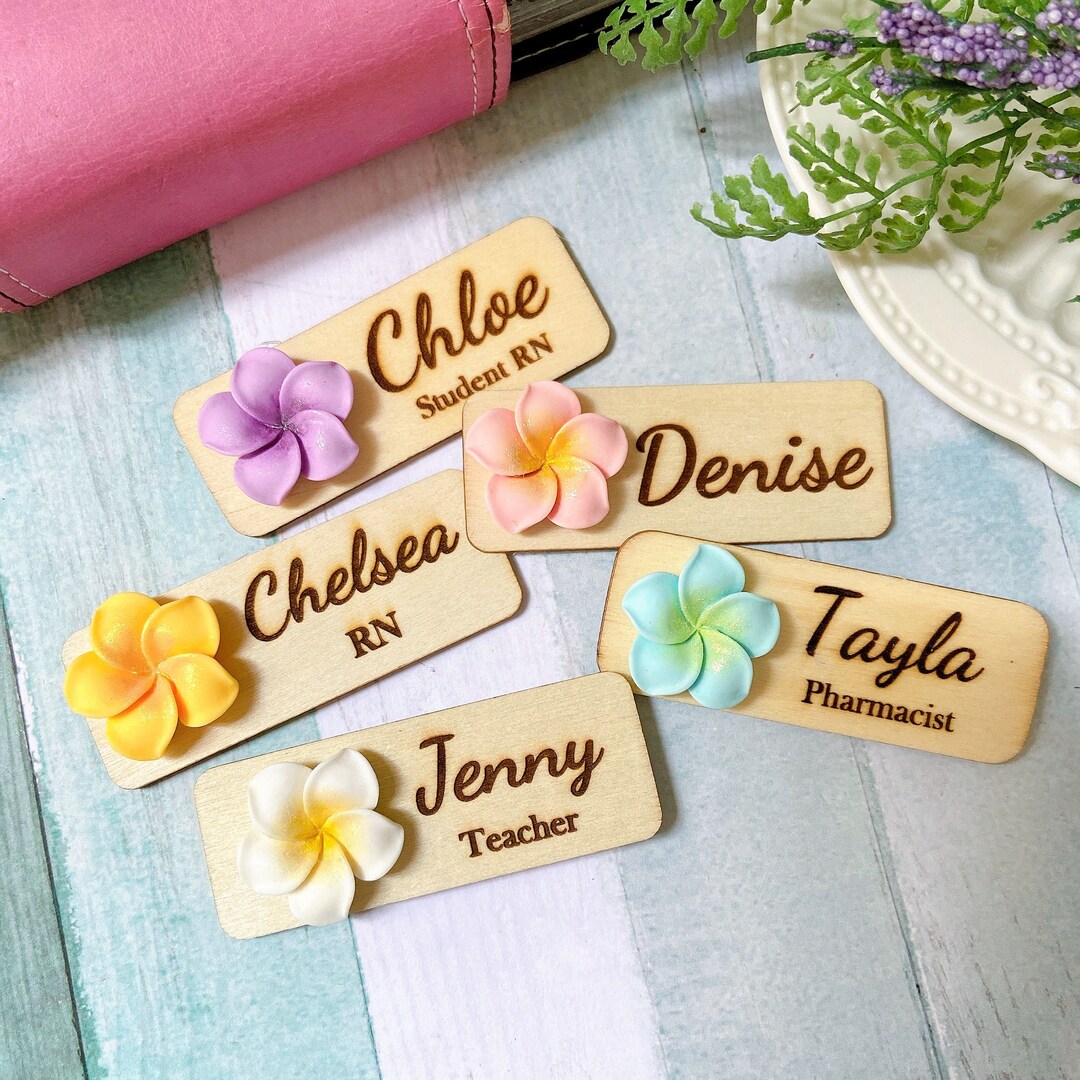 Personalized 3D Plumeria Rubra Wooden Name Tag Badge With Magnetic ...
