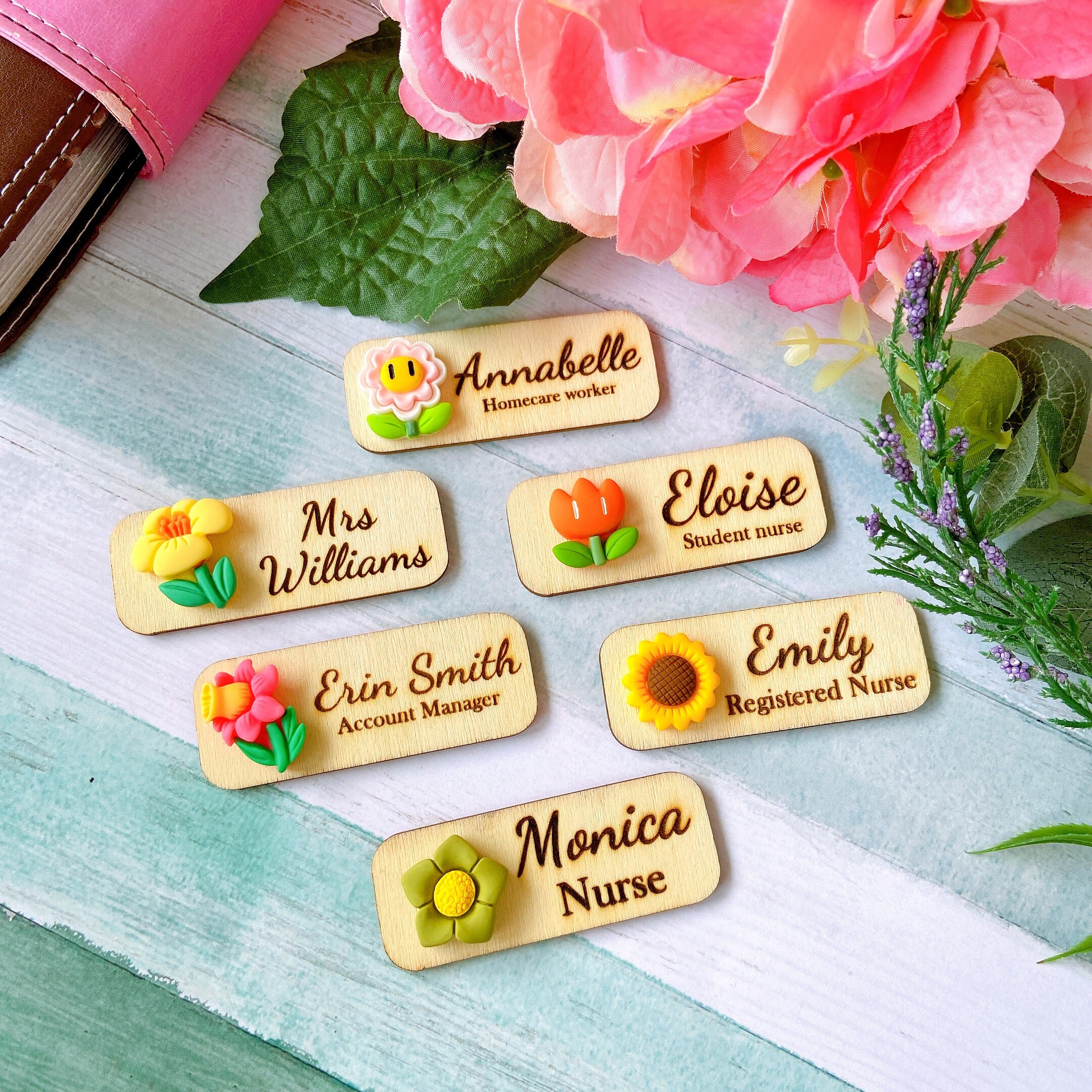 Personalized 3D Floral Wooden Name Tag Badge With Magnetic - Etsy Australia