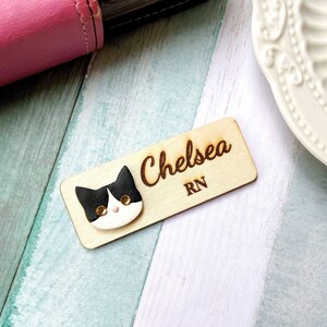 Handmade 3D Cat Head Personalized Wooden Name Tag Badge With Magnetic ...