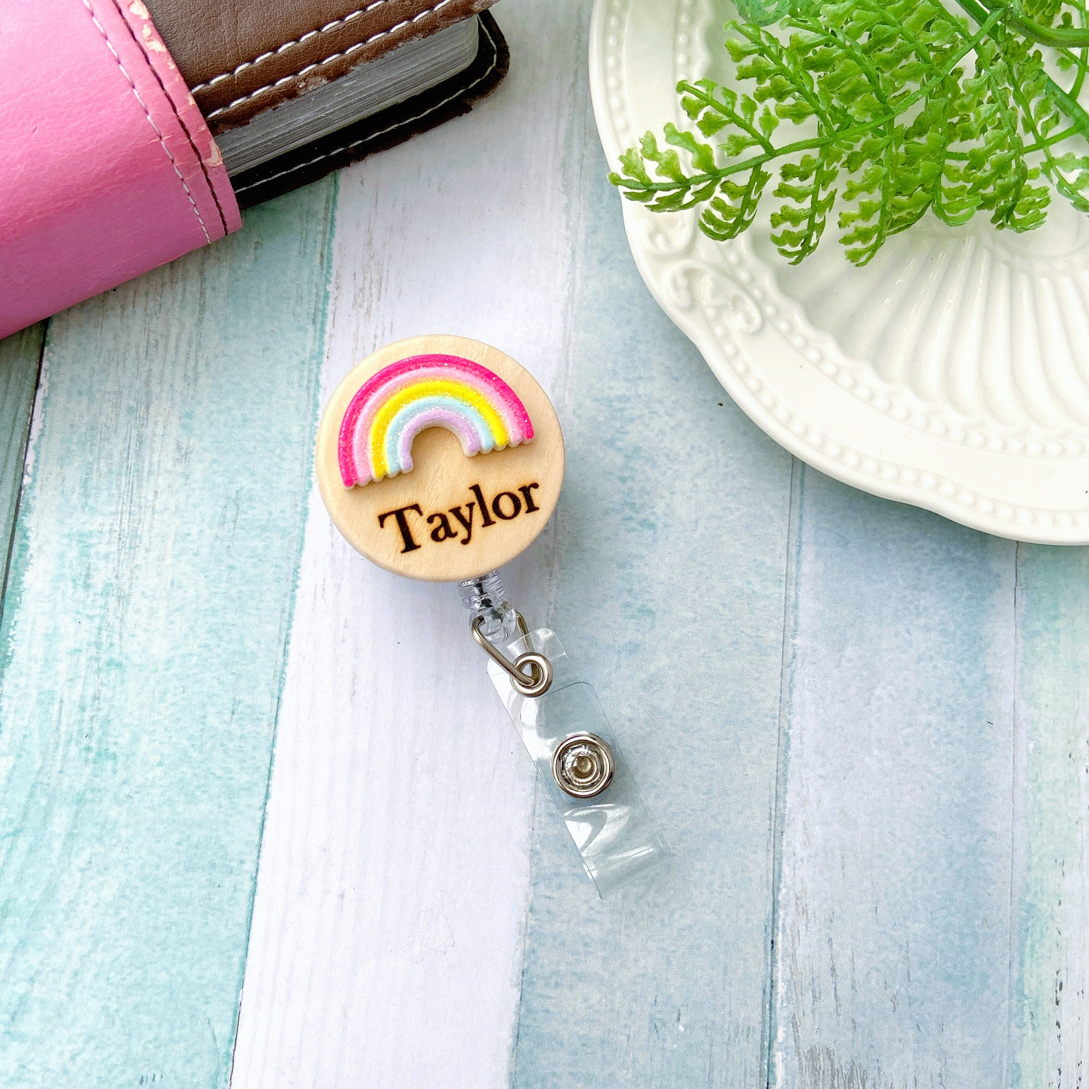 Personalized Rainbow Badge Reel, Custom Name Wooden ID Holder, Teacher ...