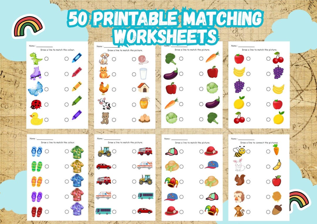 50 Printable Matching Worksheets, Match the Picture, Match the Colour ...