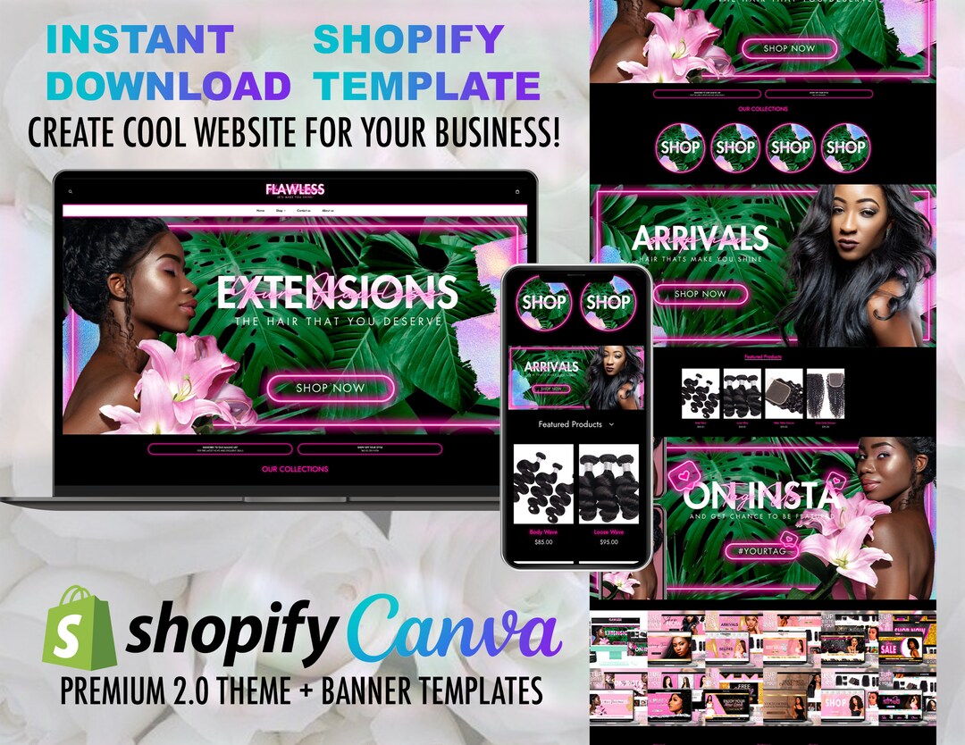 DIY Shopify Theme Template With Editable Canva Banners, Tropical & Pink ...