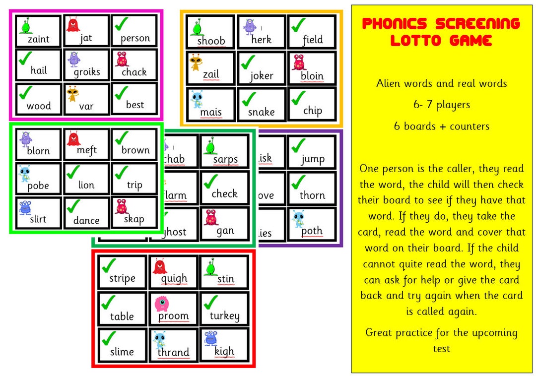 Phonics Screening Lotto Bingo Game- 6-7 Players- Year 1 Checks- Test ...
