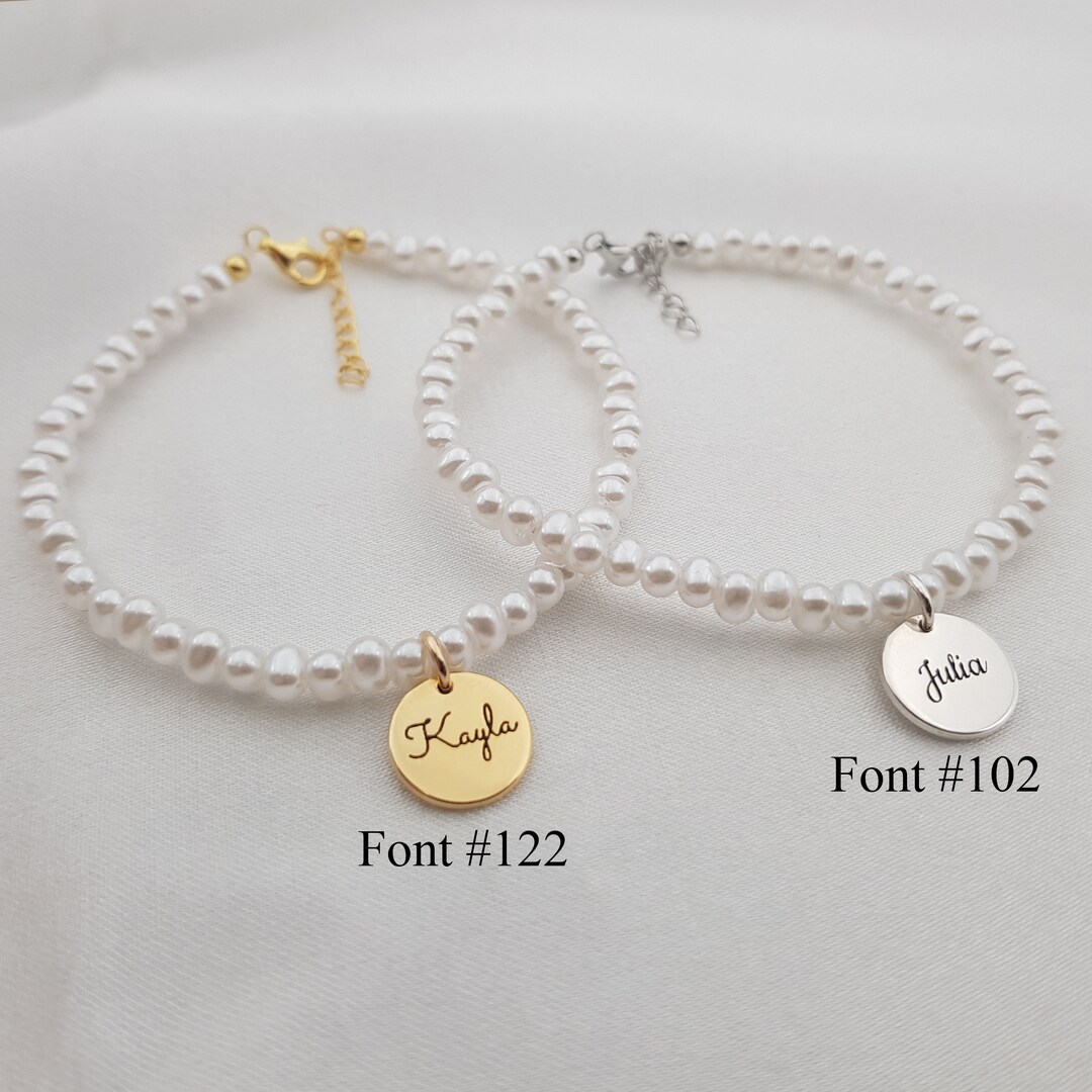 Pearls Name Bracelet • Custom Disk Bracelet • Personalized Pearl Name ...