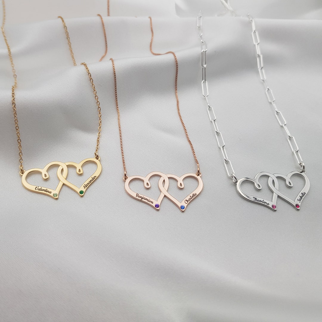 Hearts Necklace With Two Names and Birthstones • Intertwined Hearts ...