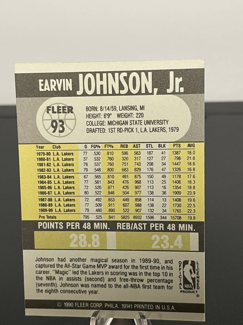1990 Fleer Basketball Card Earvin Magic Johnson #93 Error Card Miscut ...