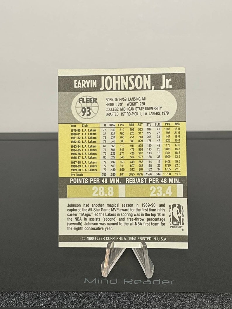 1990 Fleer Basketball Card Earvin Magic Johnson #93 Error Card Miscut ...
