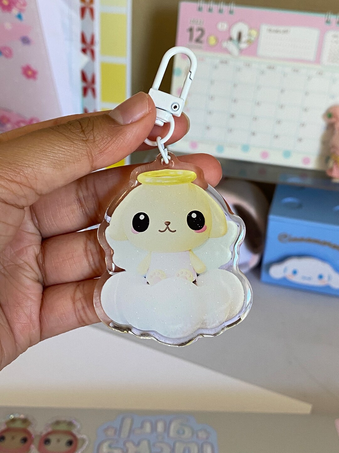 Cute Angel Bunny Sitting on a Cloud Acrylic Keychain Double Sided ...