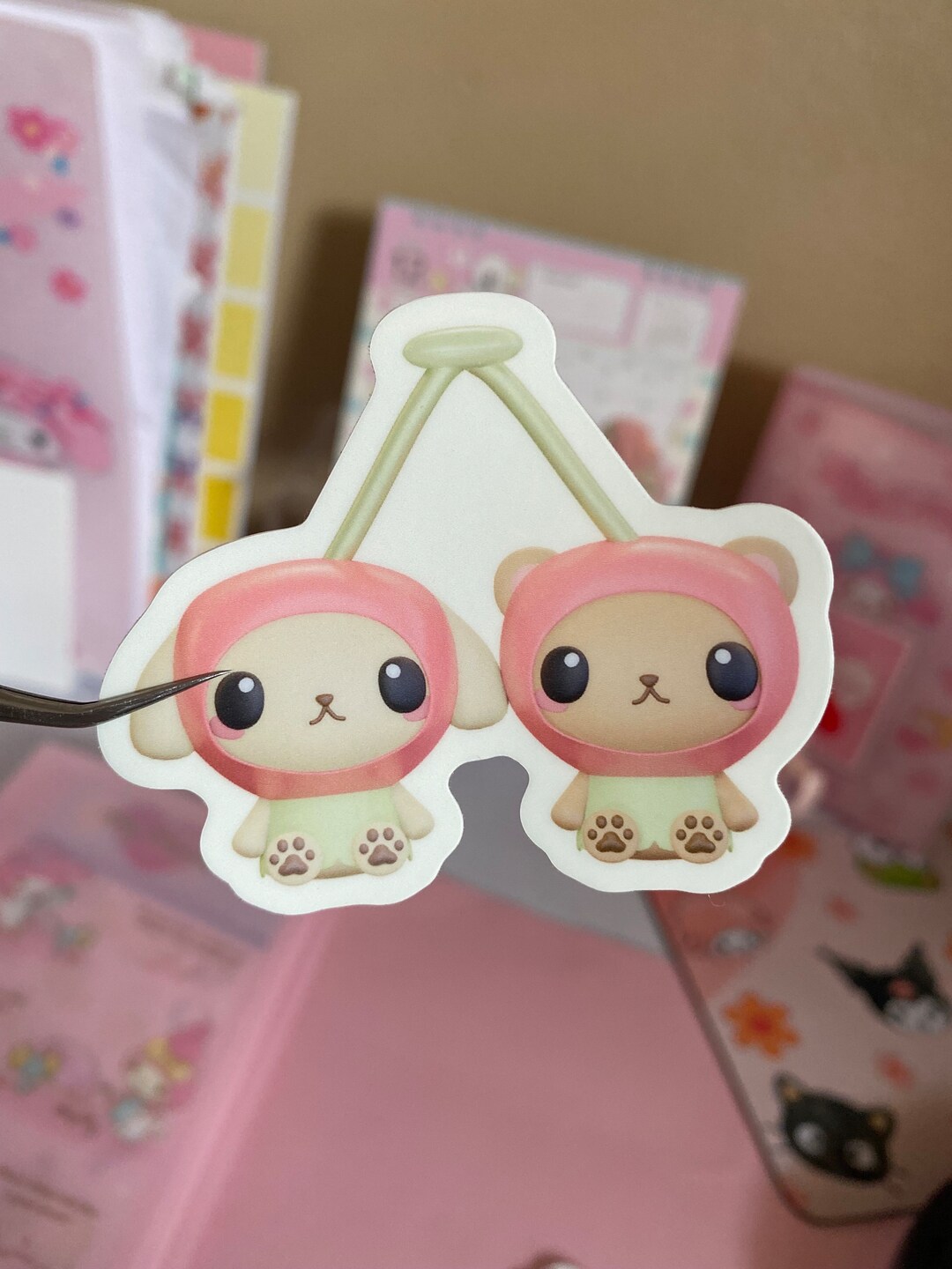 Bear and Bunny With Cherries Outfit Waterproof Durable Sticker | for ...