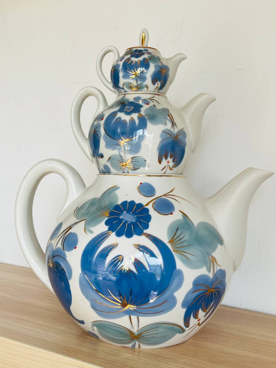 Vintage Stacked Teapot Set, 3 Tier Tea Set, Blue Floral Porcelain ...