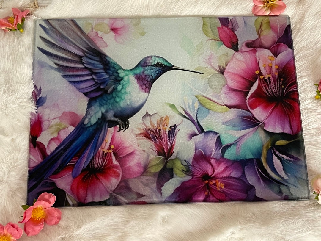 Hummingbird Glass Cutting Board, Floral Kitchen Decor, Charcuterie ...