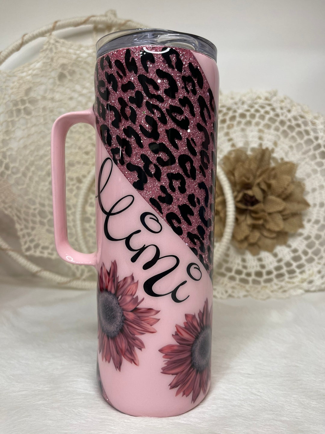Pink Glitter Tumbler With Handle, Pink Girly Tumbler, Flower Tumblers ...