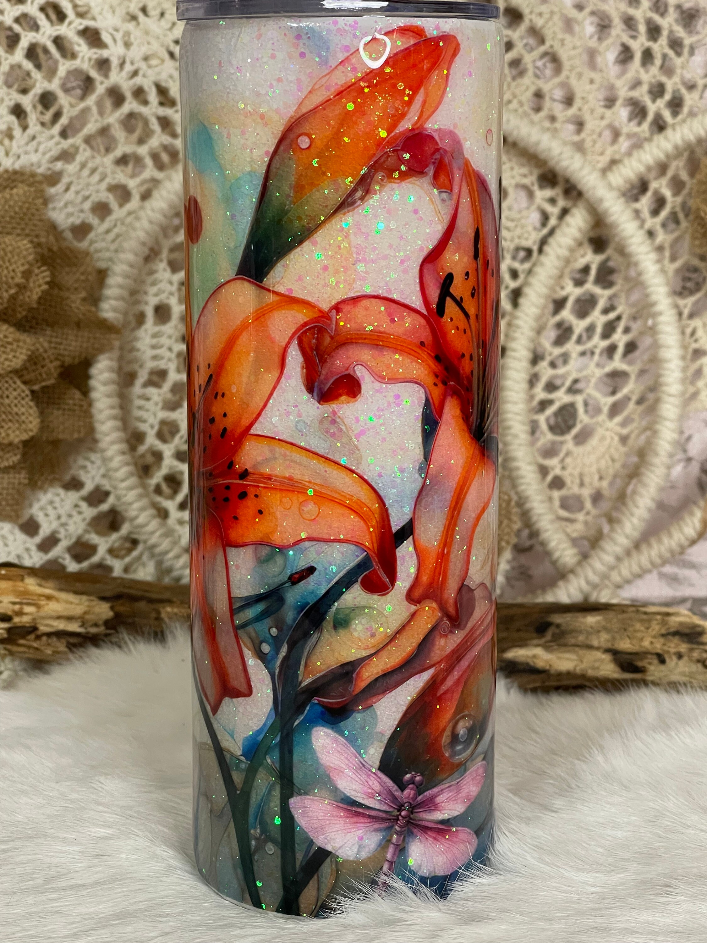Lily Flower Glitter Tumbler, Personalized Floral Tumbler Gift for Her ...