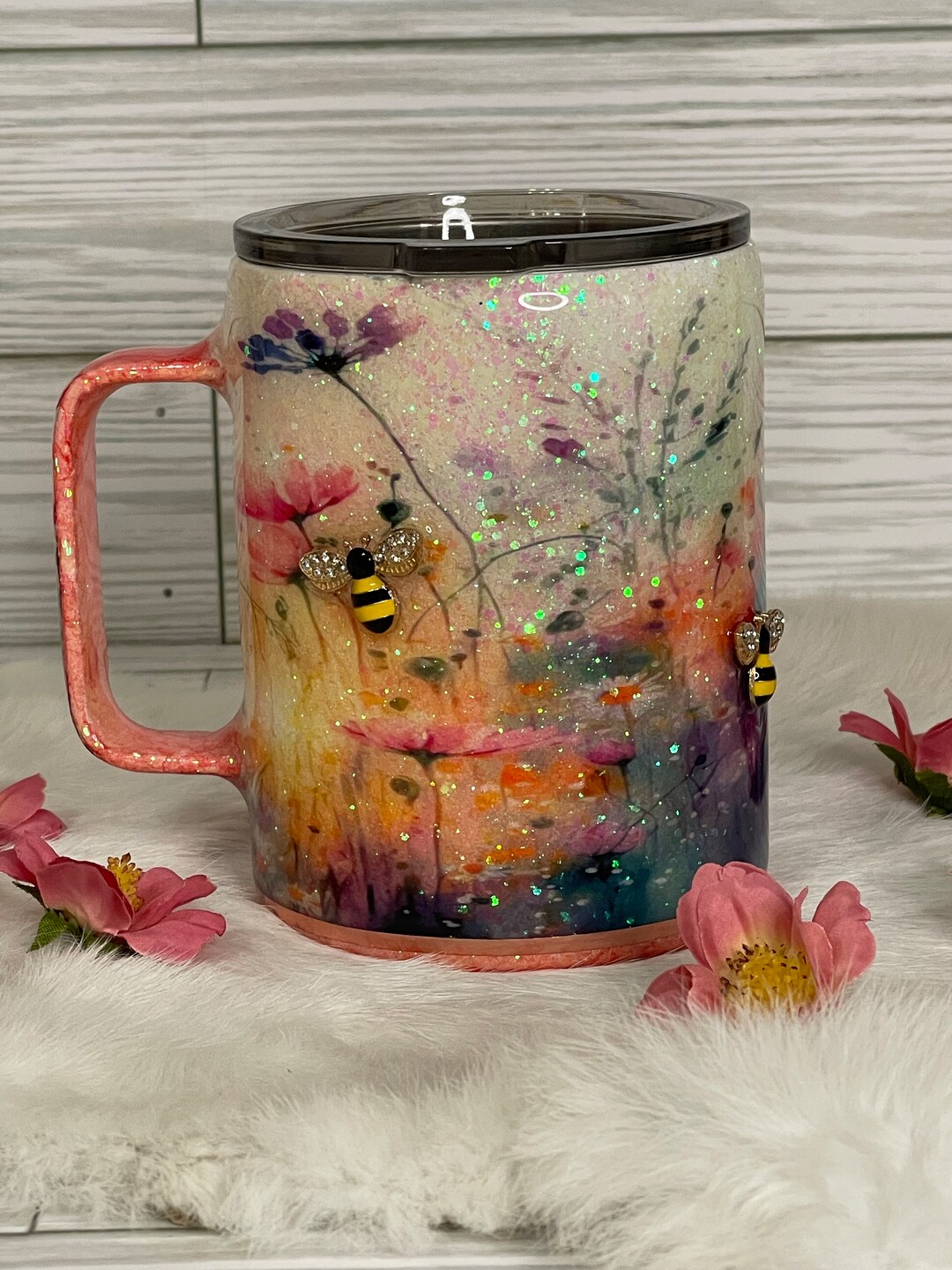 Coffee Mug With Handle, Personalized Glitter Flower Cup, Gift for ...