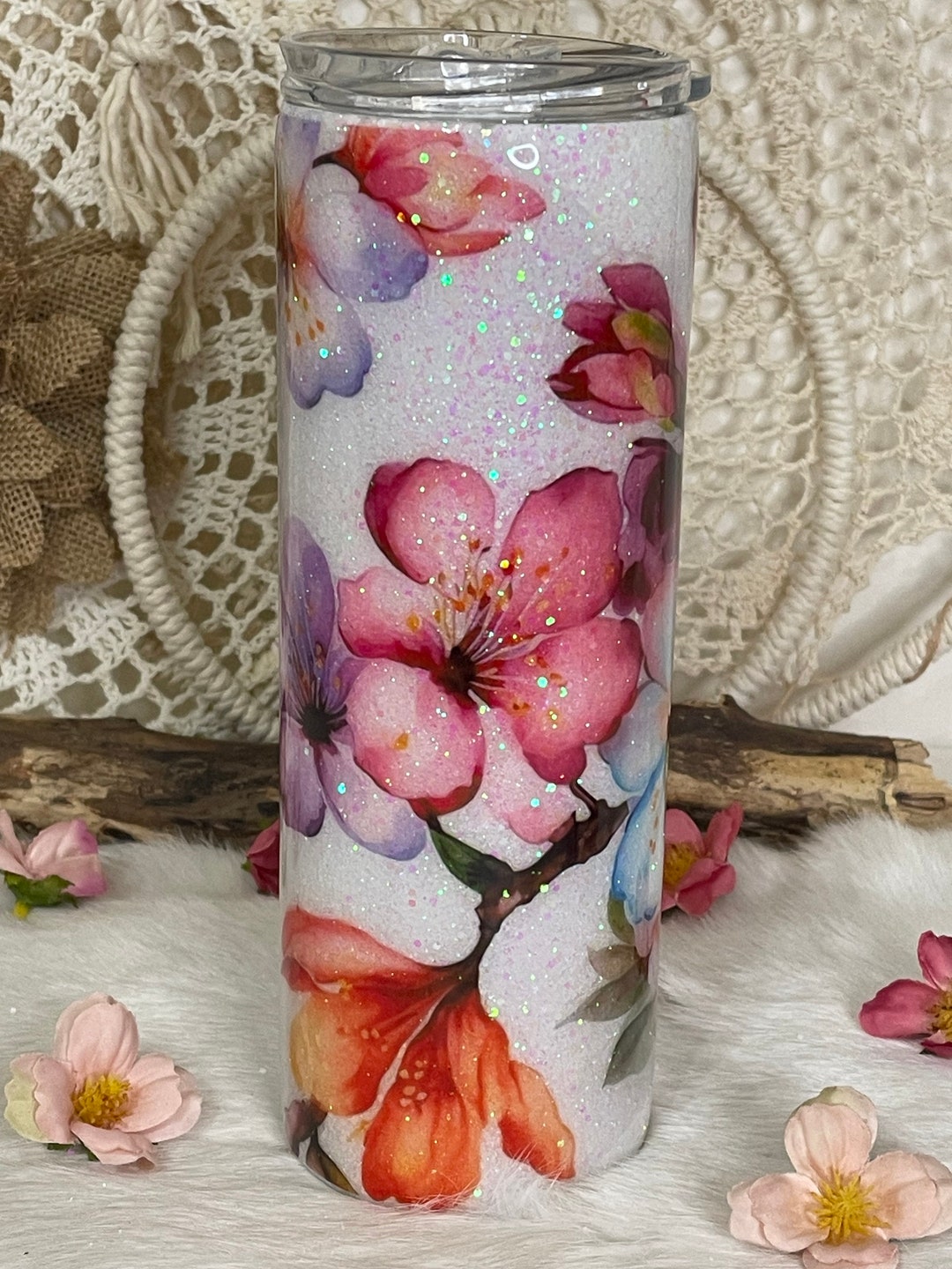 20 Oz Tumbler With Flowers, Personalized Glitter Flower Tumbler, Gift ...