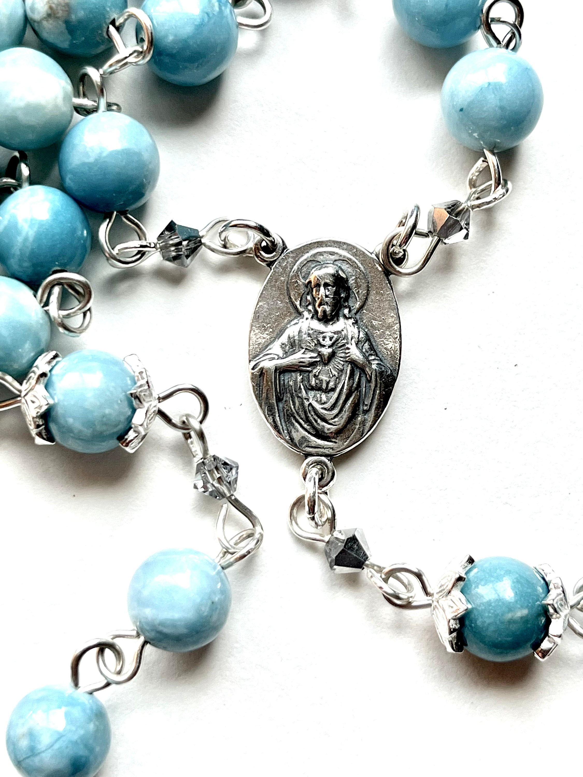 Our Lady of Lourdes Rosary Sacred Heart Larimar Gemstones and Swarovski ...