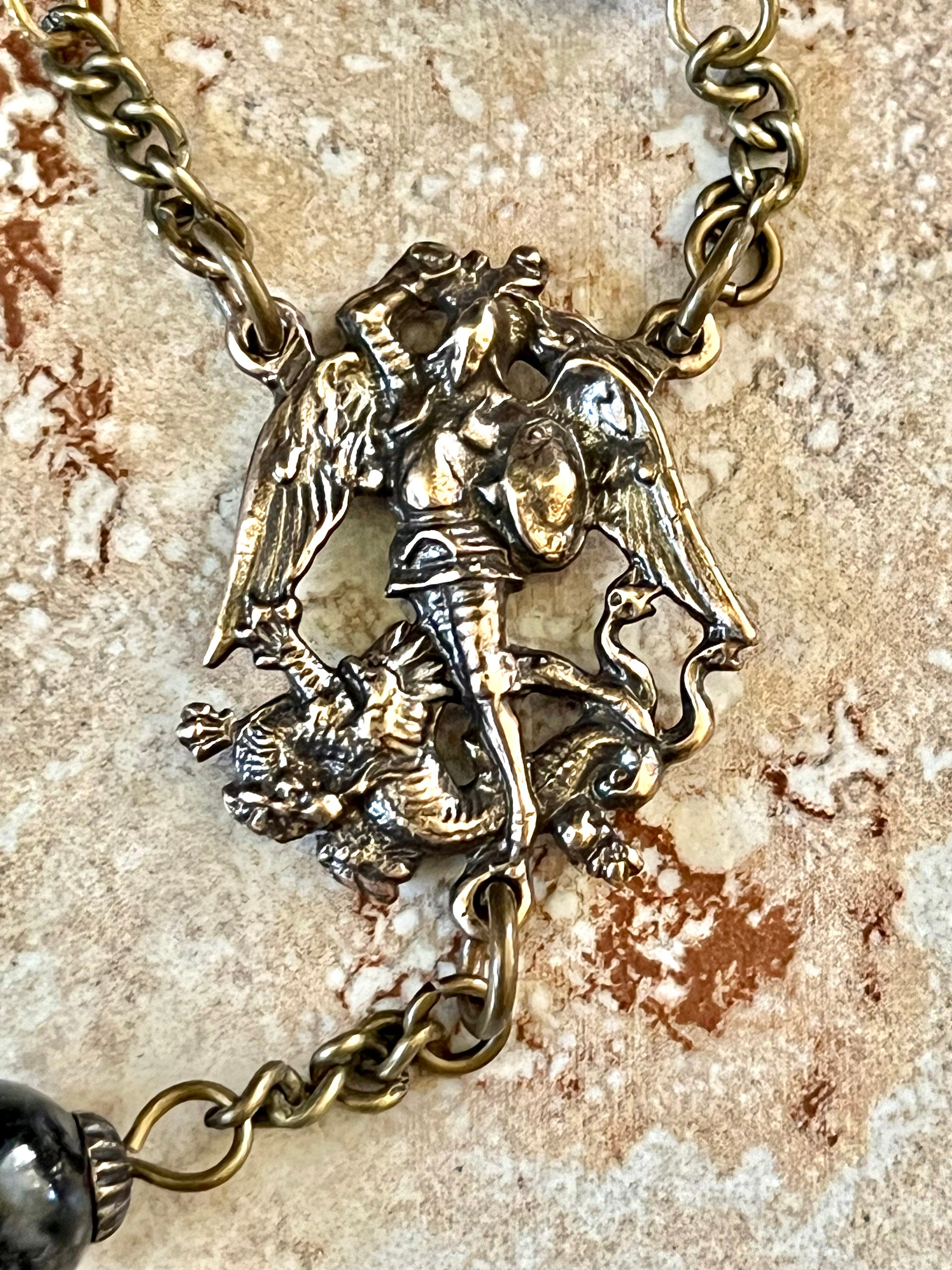 St Michael the Archangel Rosary Sword Crucifix Gabbro Gemstones Black ...