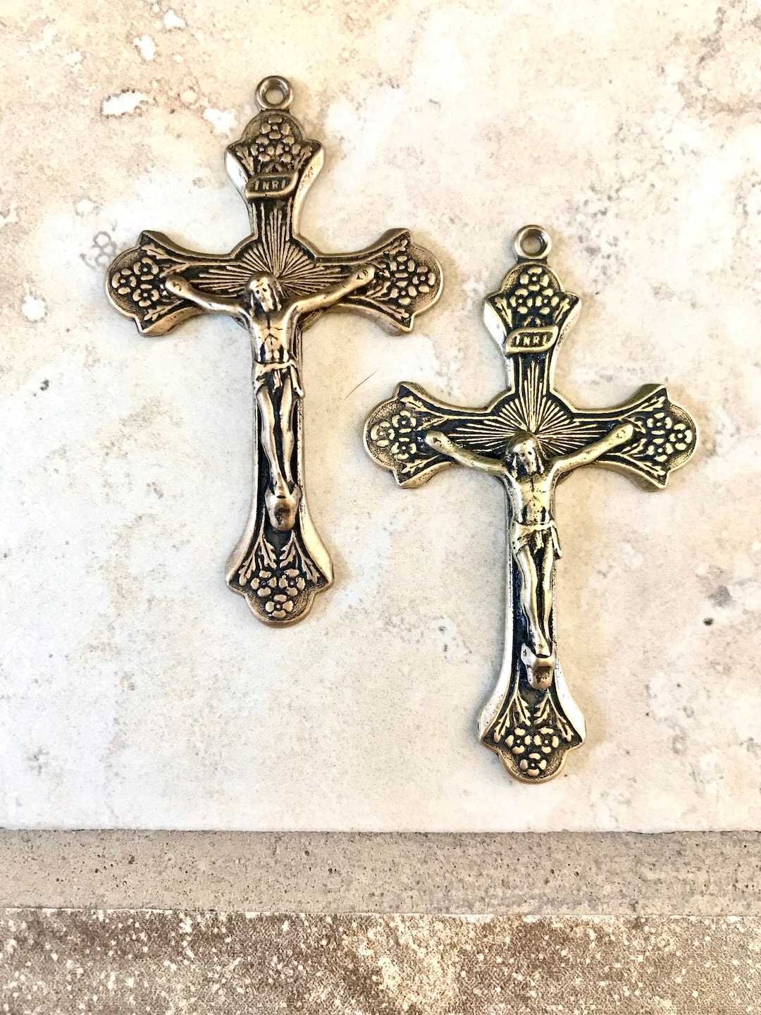 Flowers Crucifix Pendant ~ Thick and Solid ~ Rosary Supplies ~ Floral ...