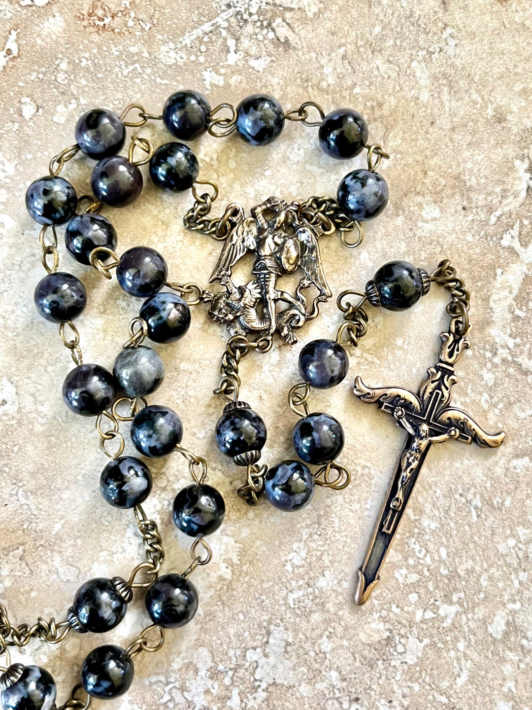 St Michael the Archangel Rosary Sword Crucifix Gabbro Gemstones Black ...