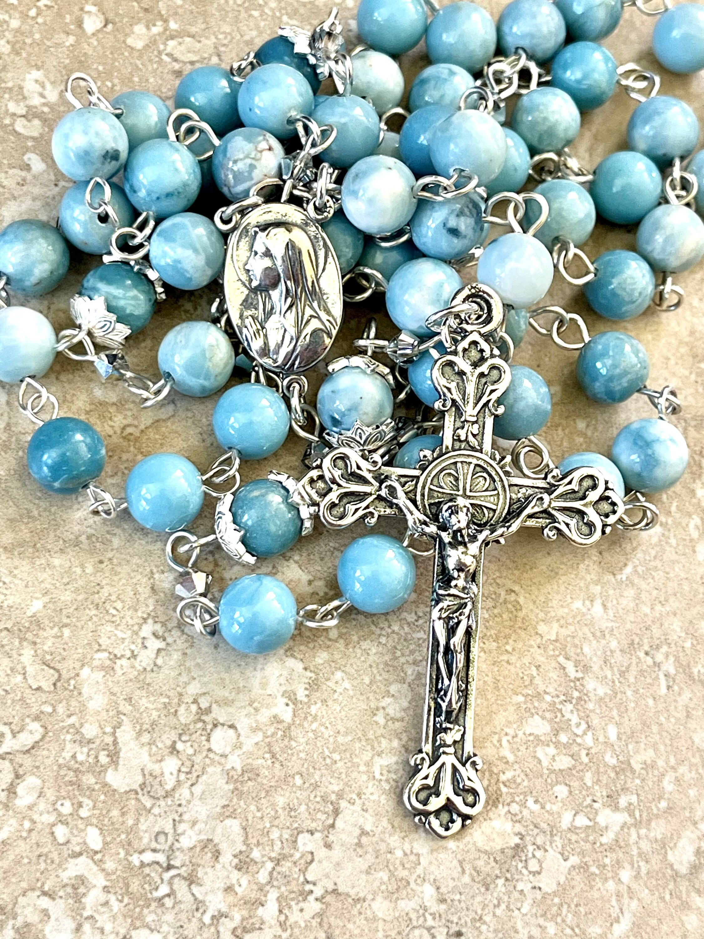 Our Lady of Lourdes Rosary Sacred Heart Larimar Gemstones and Swarovski ...
