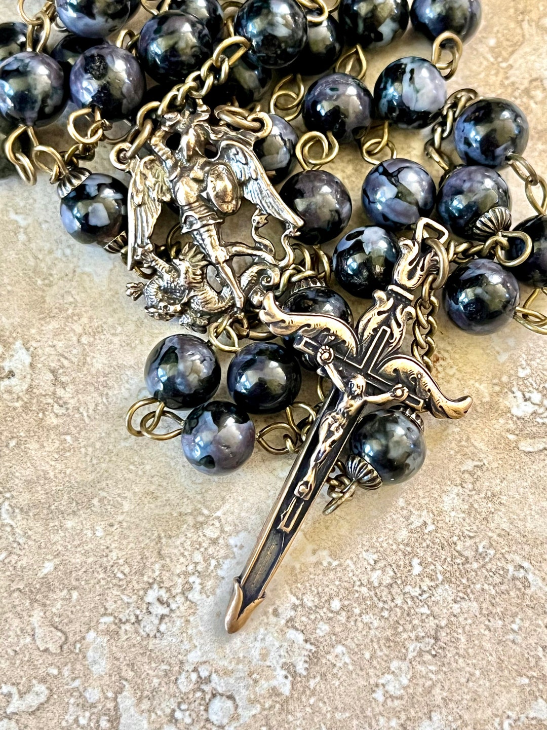 St Michael the Archangel Rosary ~ Sword Crucifix ~ Gabbro Gemstones ~ Spiritual Warfare ~ St ...