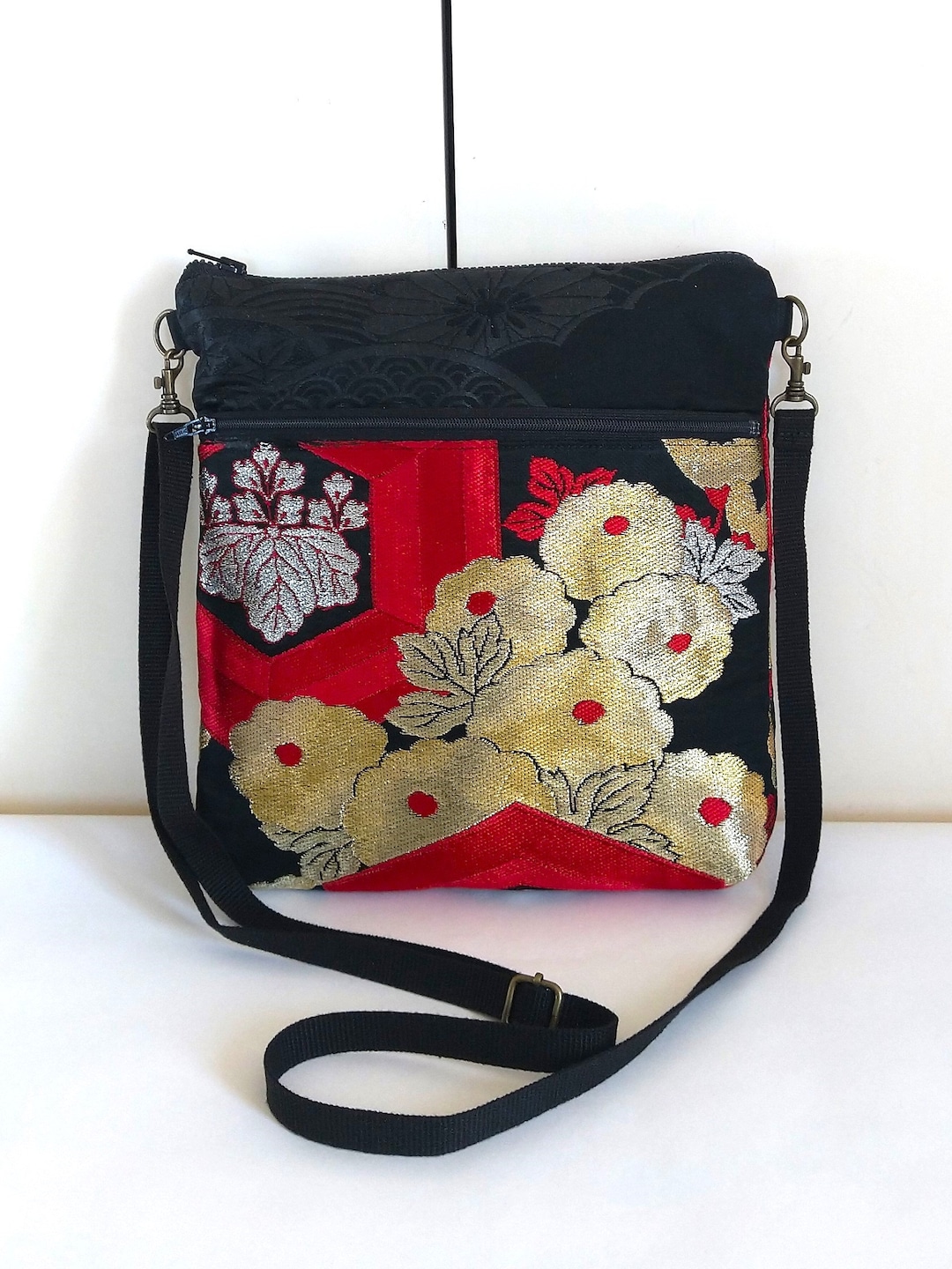 Shoulder Bag / Japanese Obi Bag / Cute Bag / Black, Gold and Red Bag ...