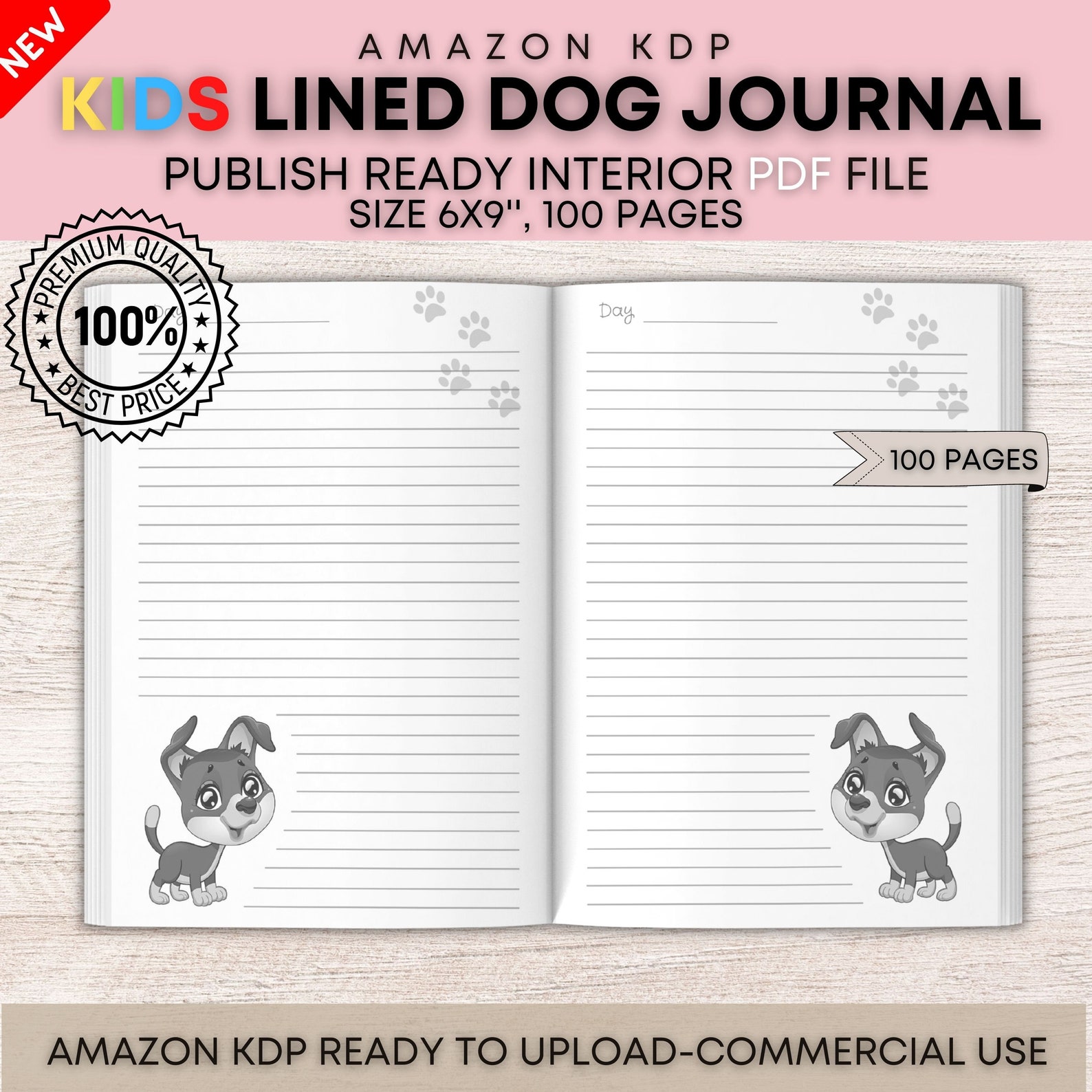KDP Interiors, Kids Cute Dog Lined Journal, PDF Template for Low ...