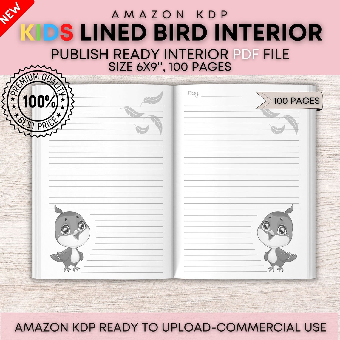 KDP Interiors, Kids Cute Bird Lined Journal, PDF Template for Low ...