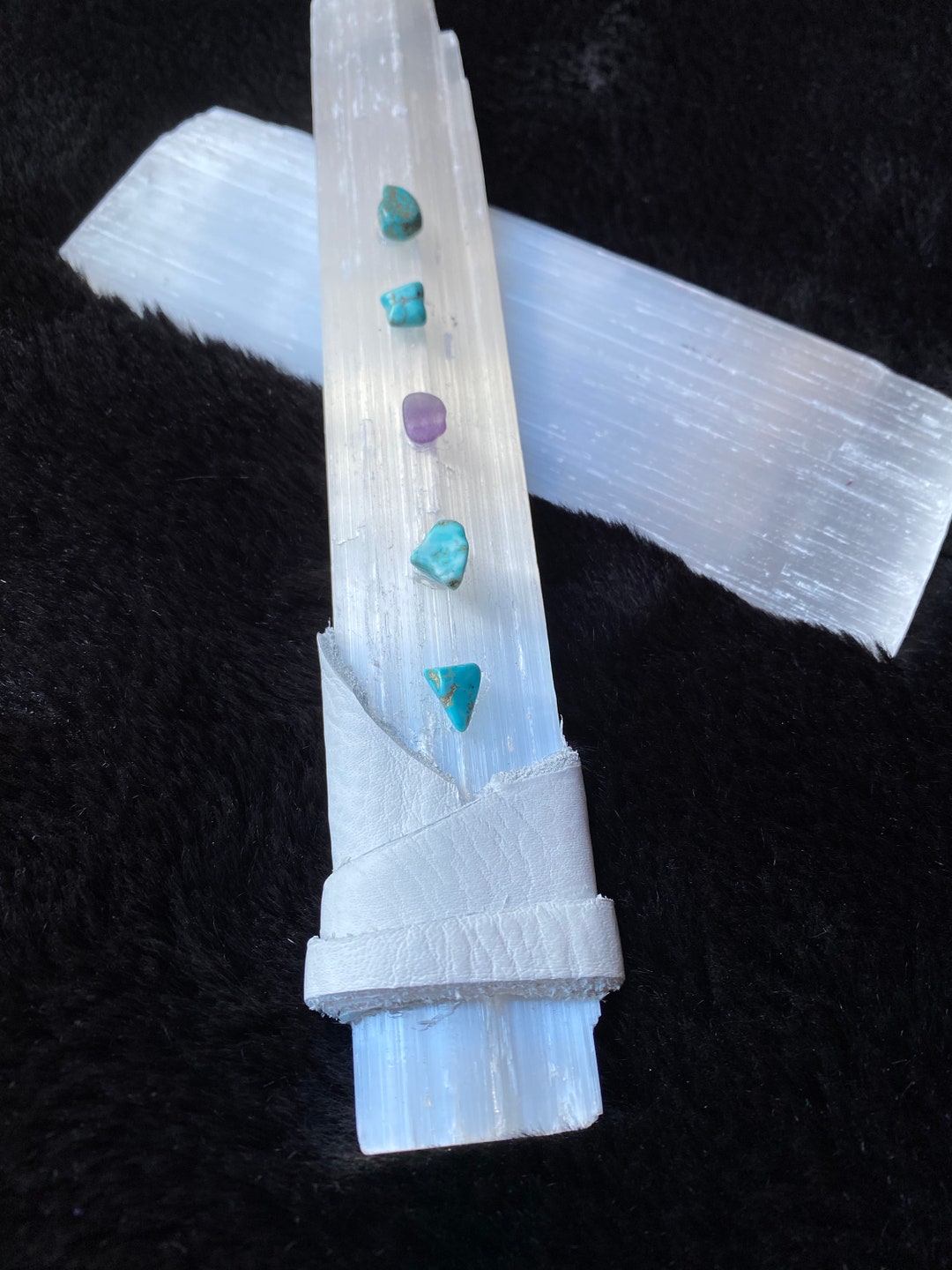 Selenite Water Wand With Turquoise, Leather Wrapped Handle - Etsy