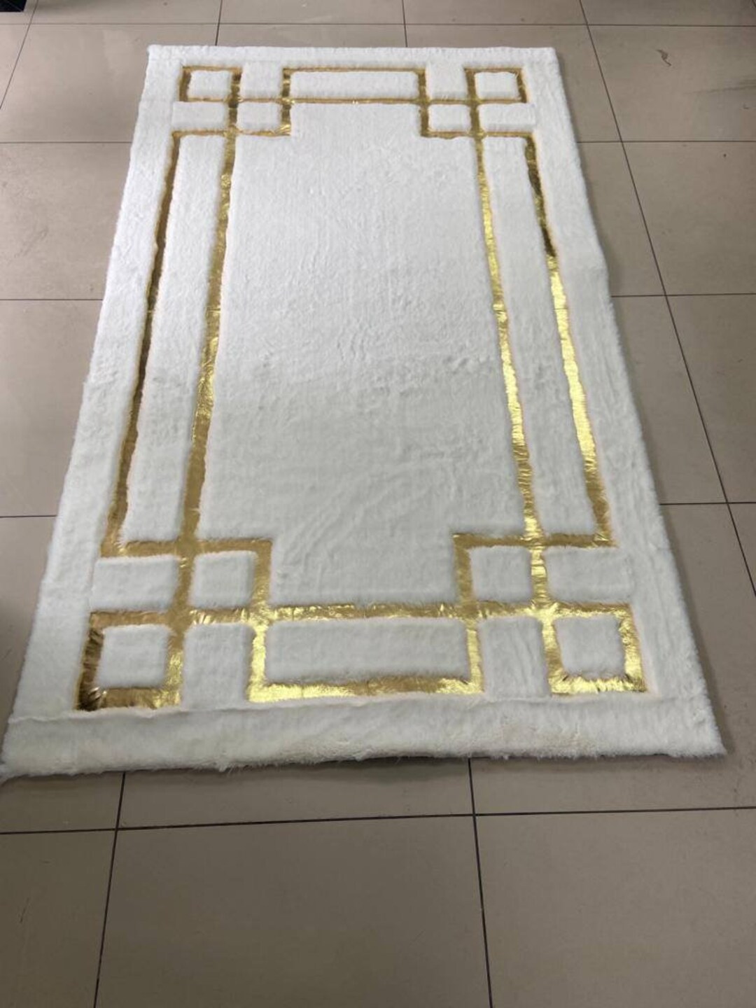 Geometric White Gold Faux Plush Rug, Faux Leather Hallway Rug, Plush ...