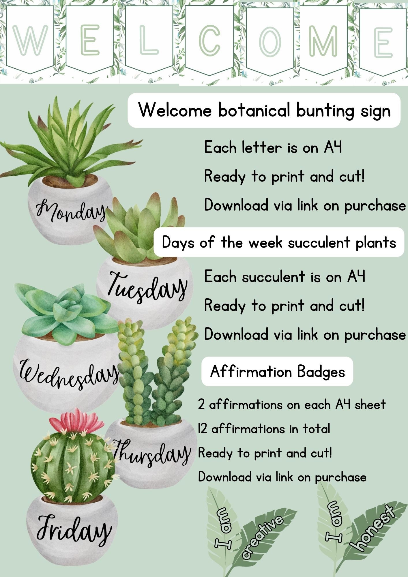 Botanical Themed Classroom Decor for Teachers | Succulent Prints Cut ...