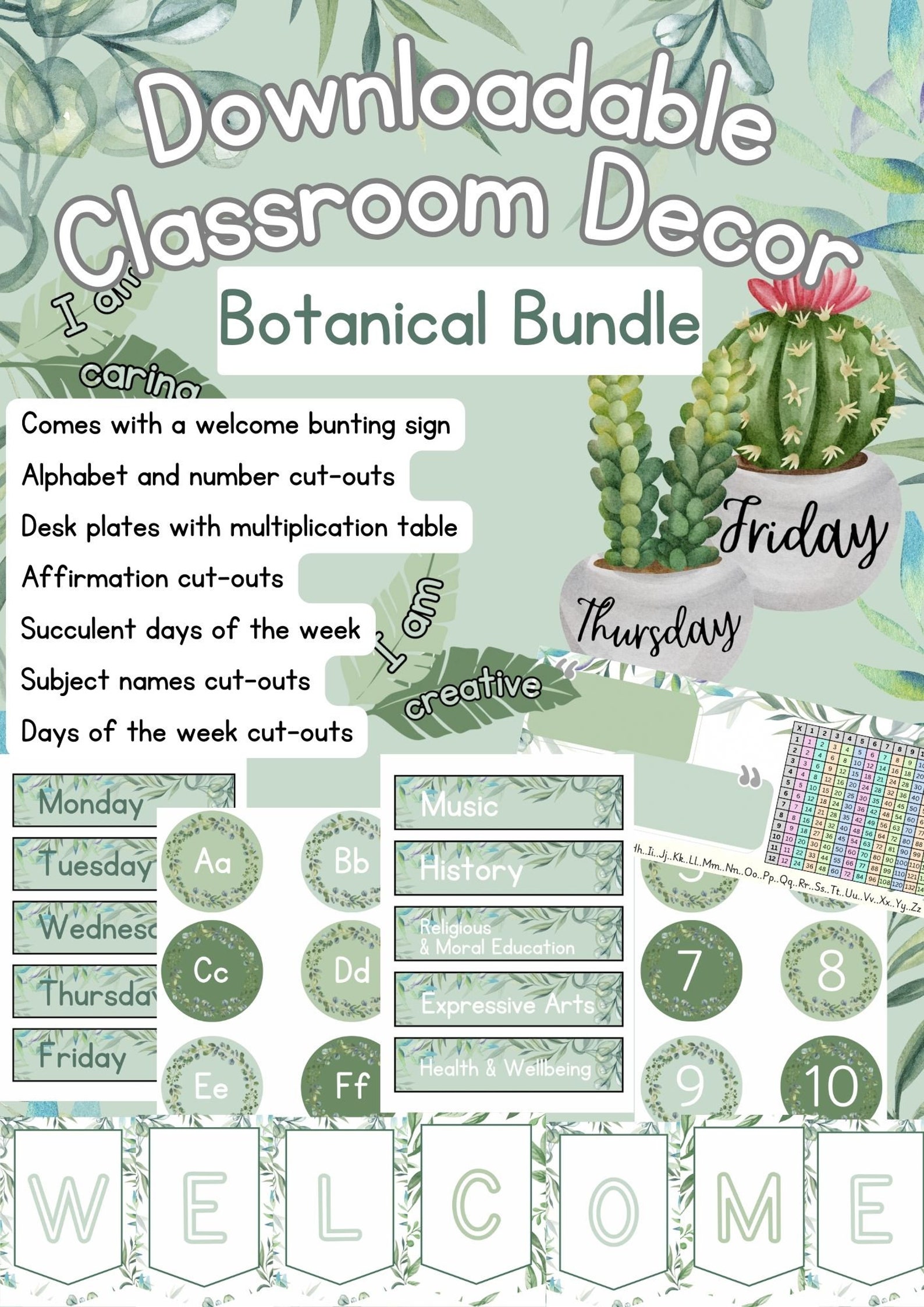 Botanical Themed Classroom Decor for Teachers | Succulent Prints Cut ...