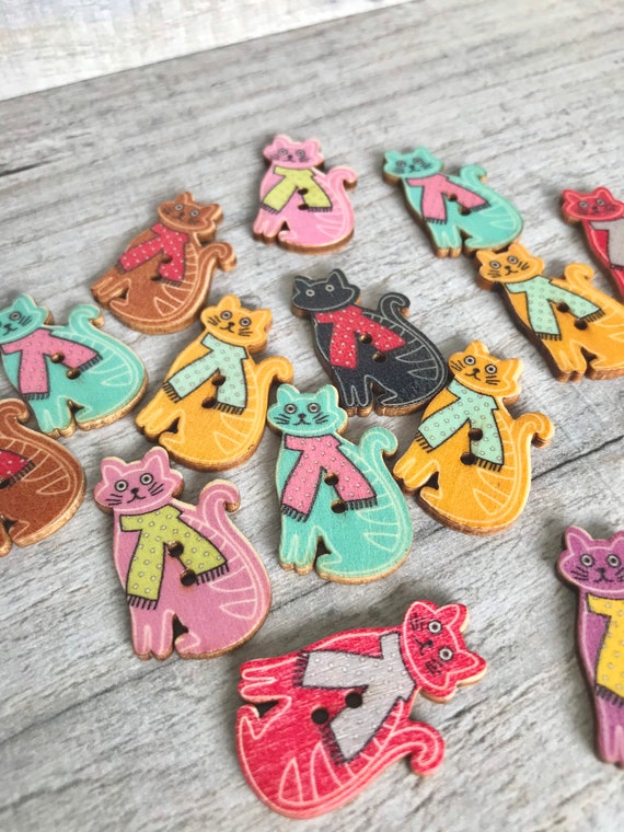 patterned button, 10 Cat wooden buttons 3cm cat button novelty shaped ...