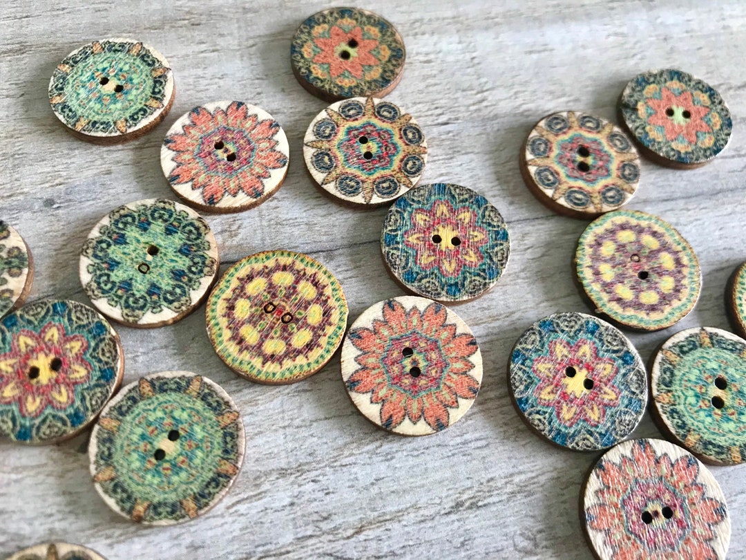 10 Wooden Boho, Psychedelic Buttons, 2cm. Sustainable, Natural Buttons ...