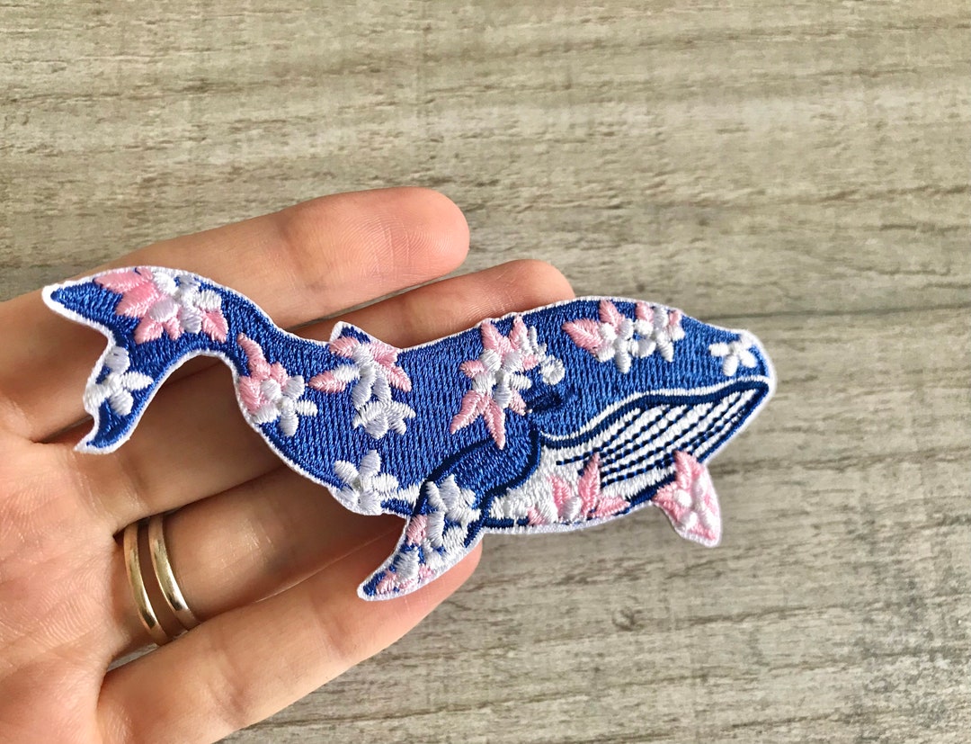 Flowery Whale in the Ocean. Iron on Patch, Floral Patch. Pretty Patch ...