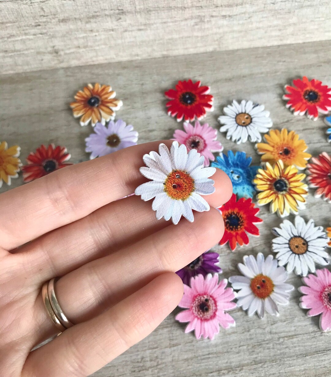 Wooden Flower Buttons. Quirky, Colourful, Sunflowers, Asters, Daisies ...