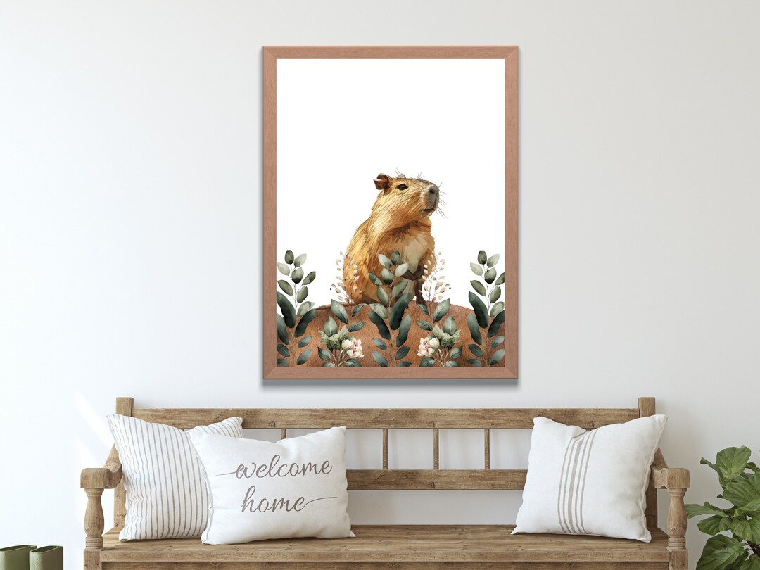 Capybara Sage Green Wall Art, Cavy Rodent Print With Botanical Flowers ...
